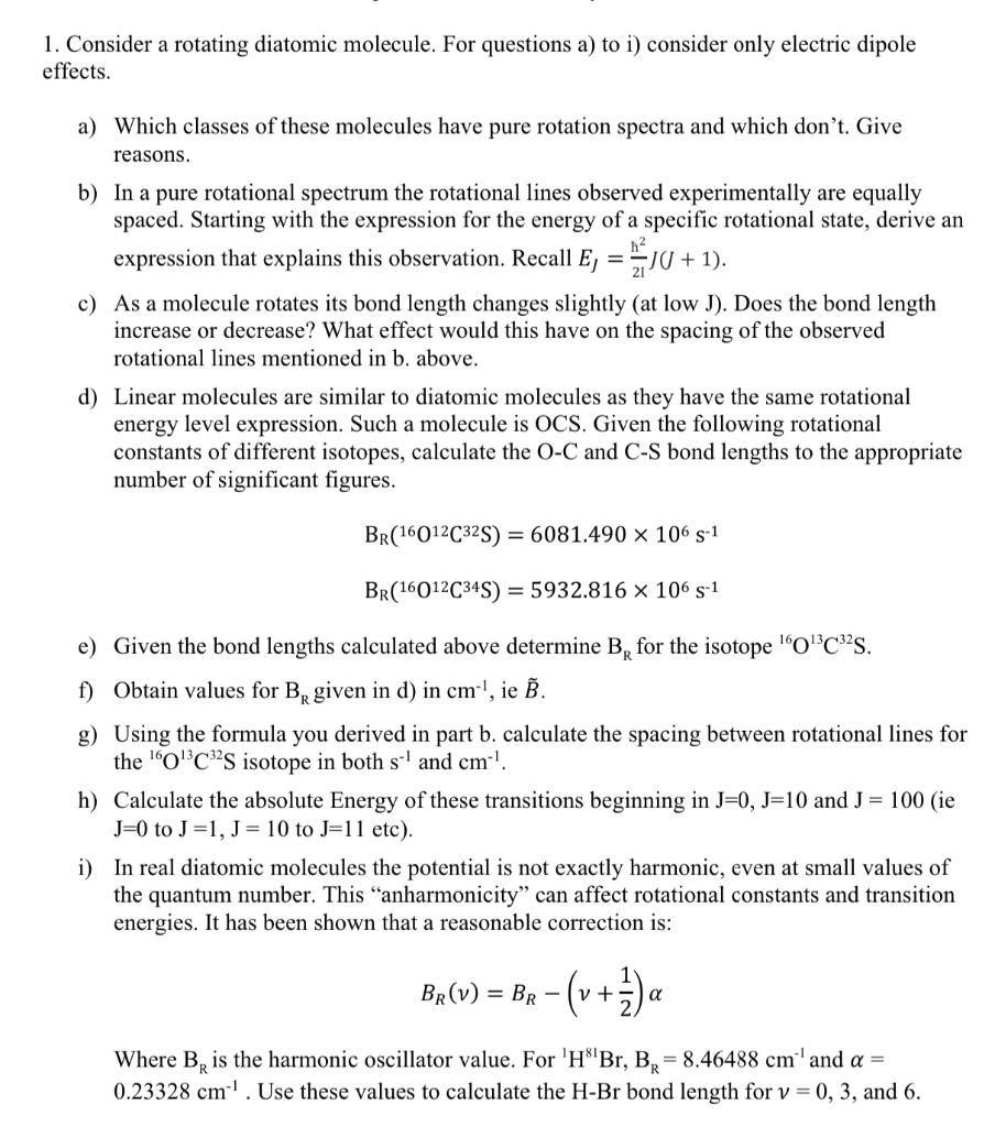 1. Consider a rotating diatomic molecule. For | Chegg.com
