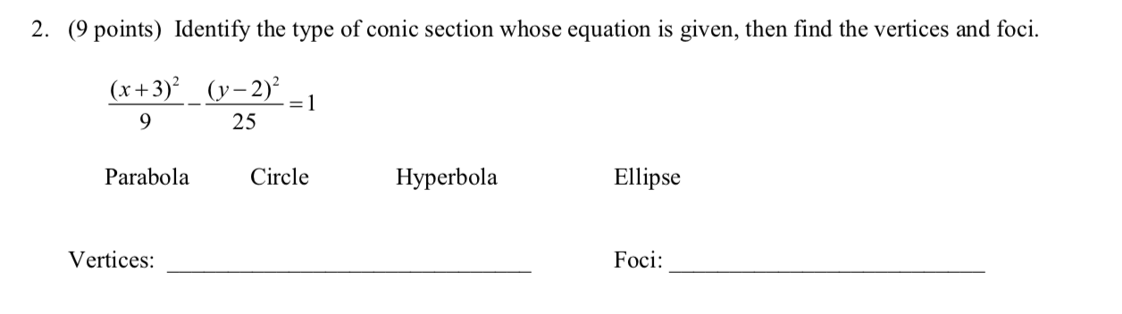 Solved 2. (9 points) Identify the type of conic section | Chegg.com