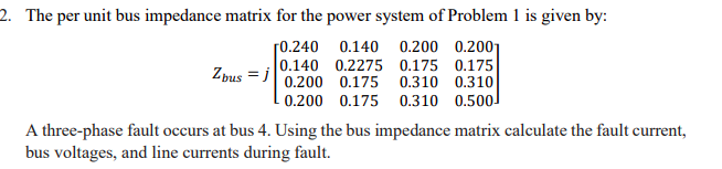 Solved 2. The per unit bus impedance matrix for the power | Chegg.com