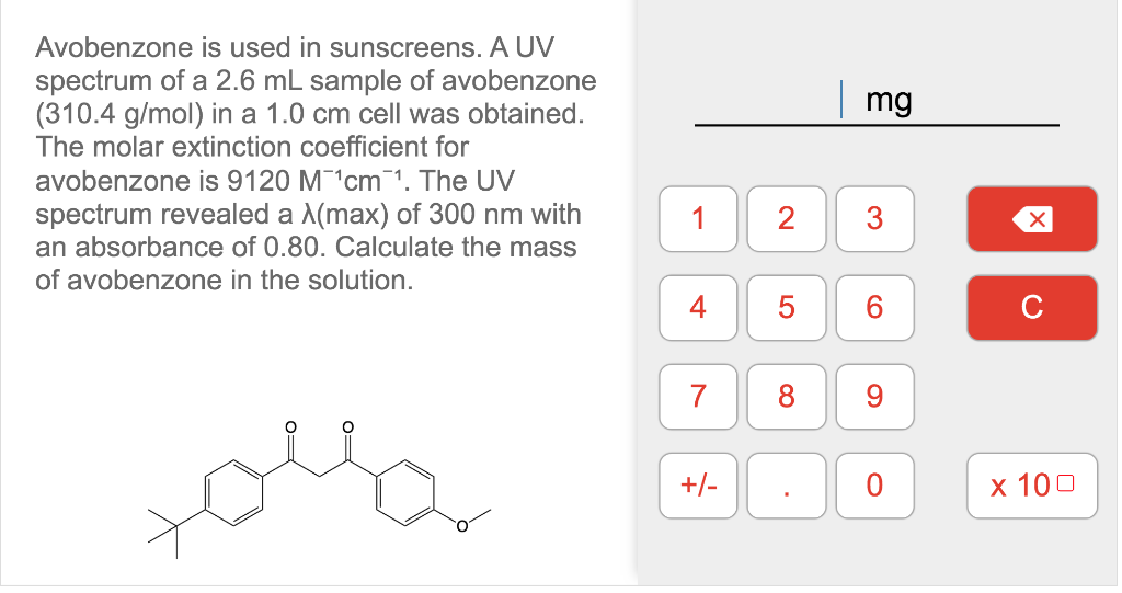 Solved | mg Avobenzone is used in sunscreens. A UV spectrum | Chegg.com