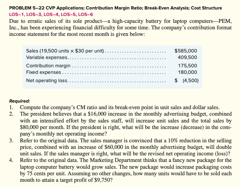 Solved PROBLEM 5-22 CVP Applications; Contribution Margin | Chegg.com