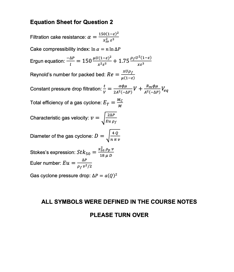 Equation Sheet for Question 2 150(1-82 Filtration | Chegg.com