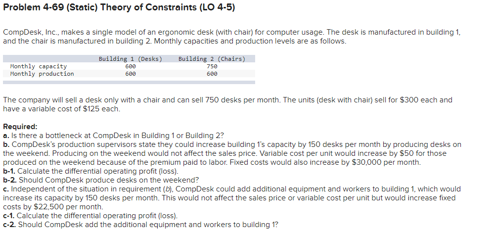 Solved Problem 4-69 (Static) Theory of Constraints (LO 4-5) | Chegg.com