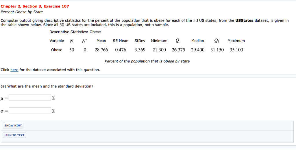 Solved Chapter 2, Section 3, Exercise 107 Percent Obese by | Chegg.com