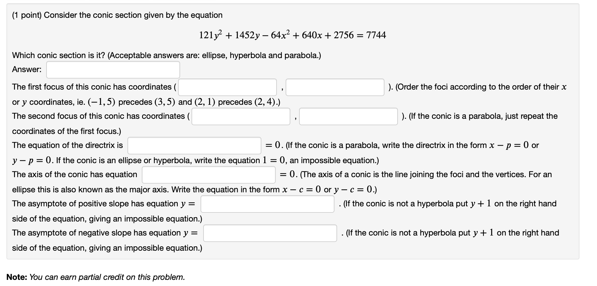 Solved (1 point) Consider the conic section given by the | Chegg.com