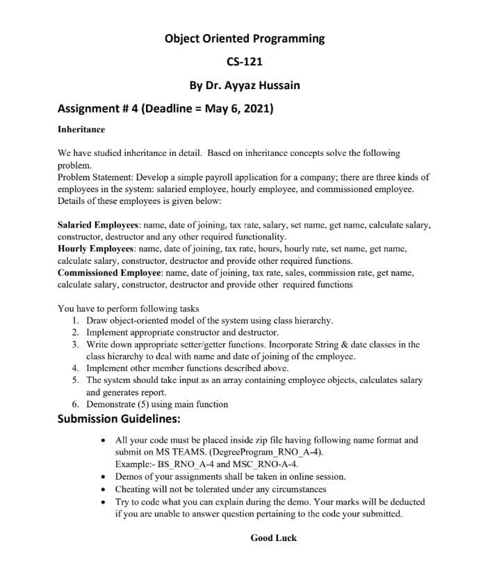 Solved Object Oriented Programming CS-121 By Dr. Ayyaz | Chegg.com