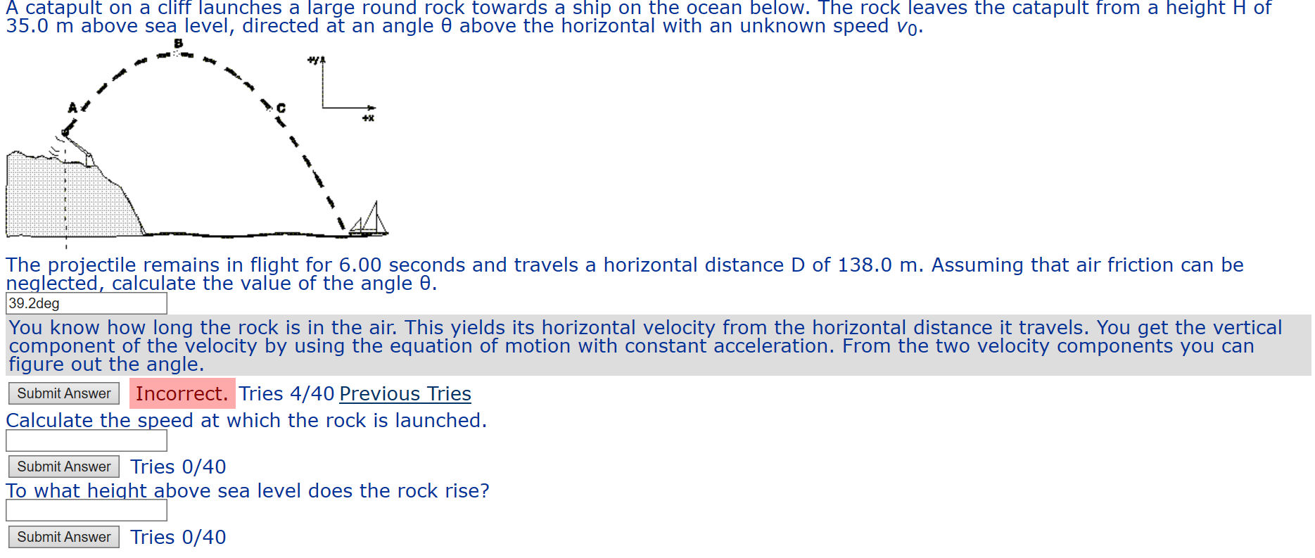 Solved A catapult on a cliff launches a large round rock | Chegg.com