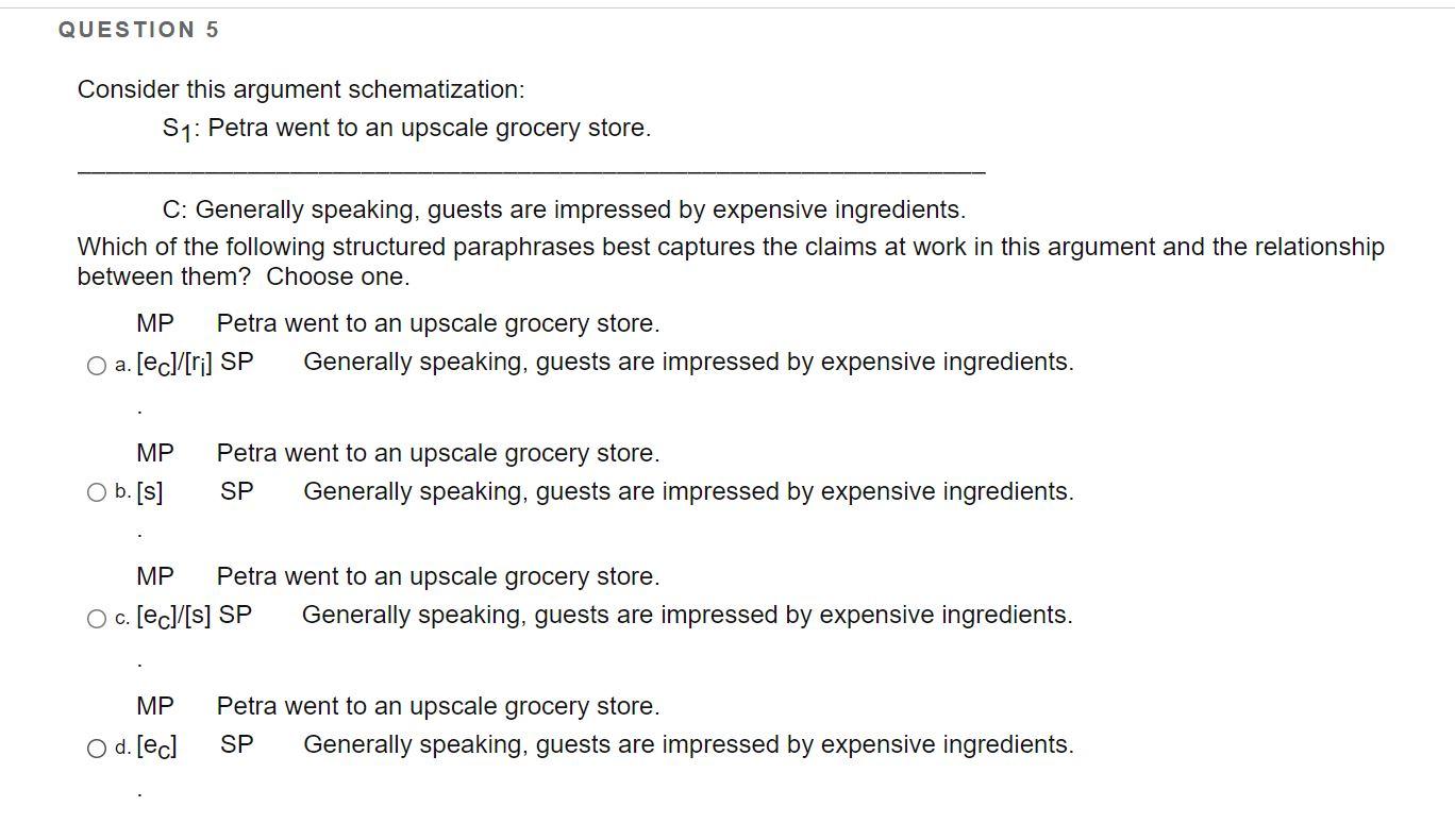 Solved QUESTION 5 Consider this argument schematization: S1: | Chegg.com