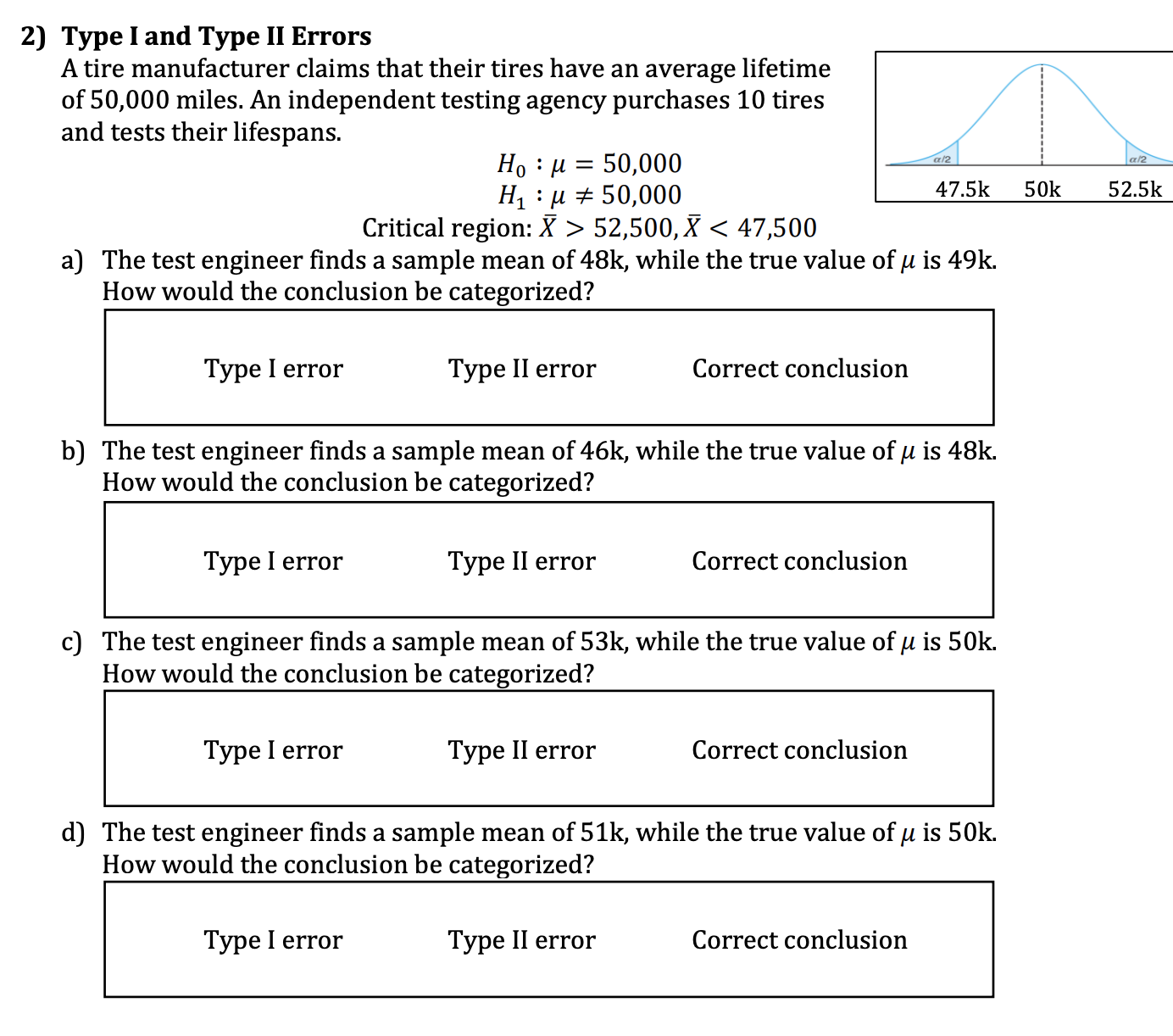 Solved Type I and Type II Errors A tire manufacturer claims | Chegg.com