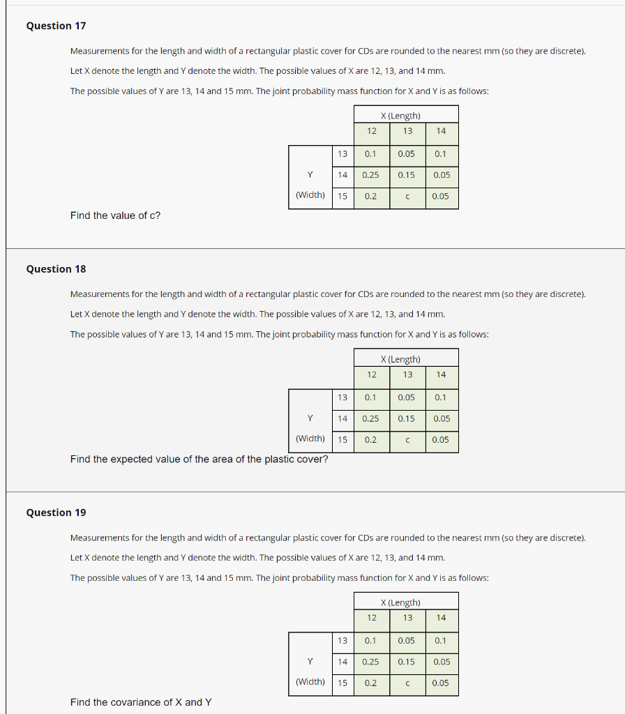 Solved Question 17 Measurements for the length and width of | Chegg.com