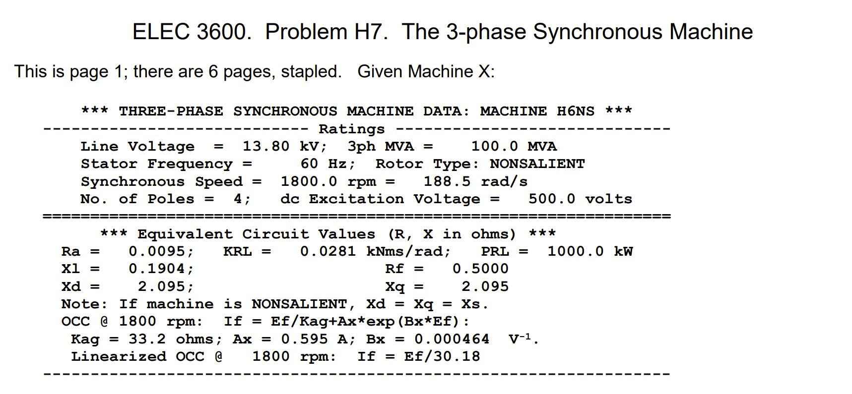 Solved ELEC 3600. Problem H7. The 3-phase Synchronous | Chegg.com