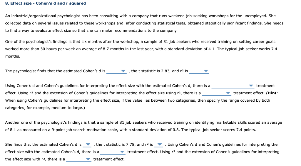 Solved 8. Effect size - Cohen's d and r squared An | Chegg.com