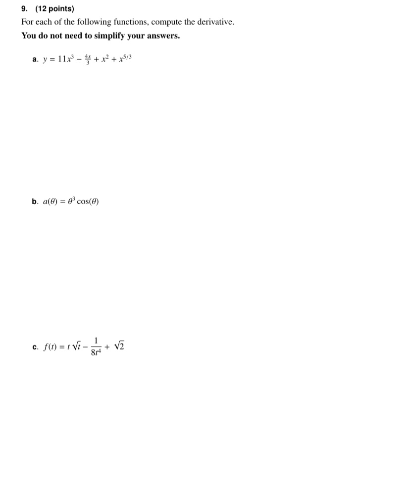 Solved 9. (12 points) For each of the following functions, | Chegg.com