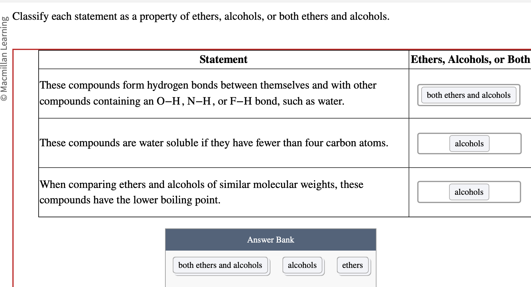 Solved Classify Each Statement As A Property Of Ethers