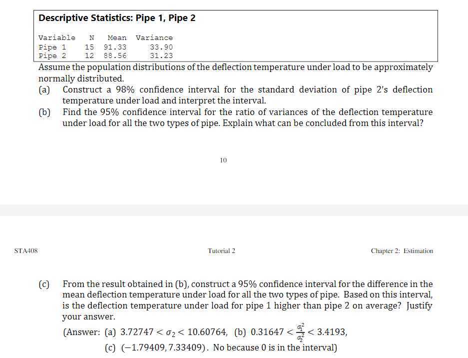 Solved Descriptive Statistics: Pipe 1, Pipe 2 Variable N | Chegg.com
