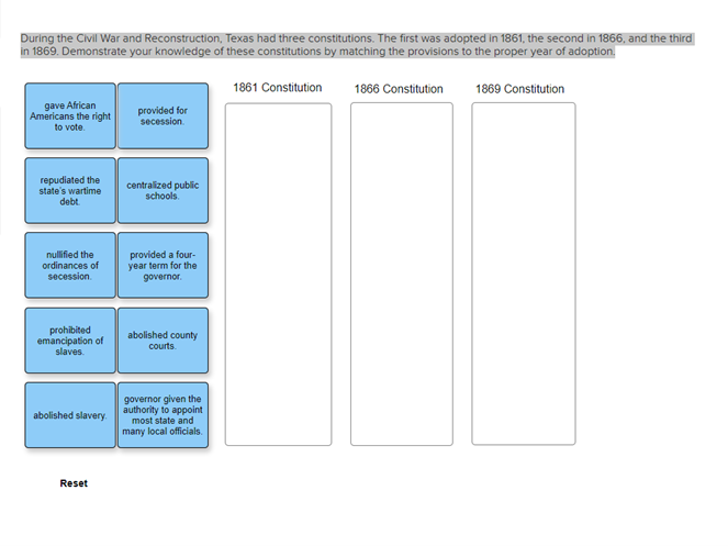 Solved During the Civil War and Reconstruction, Texas had | Chegg.com