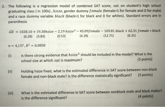 Solved 2. The following is a regression model of combined | Chegg.com