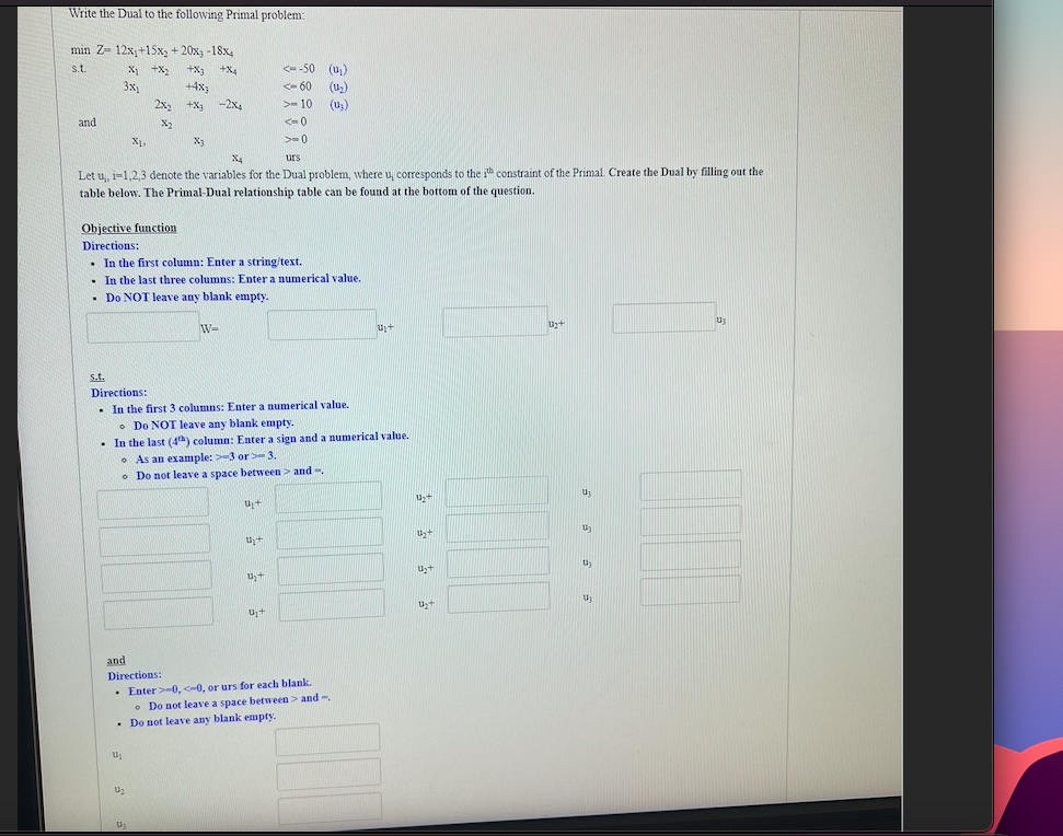 Write the Dual to the following Primal problem: +4 3x | Chegg.com