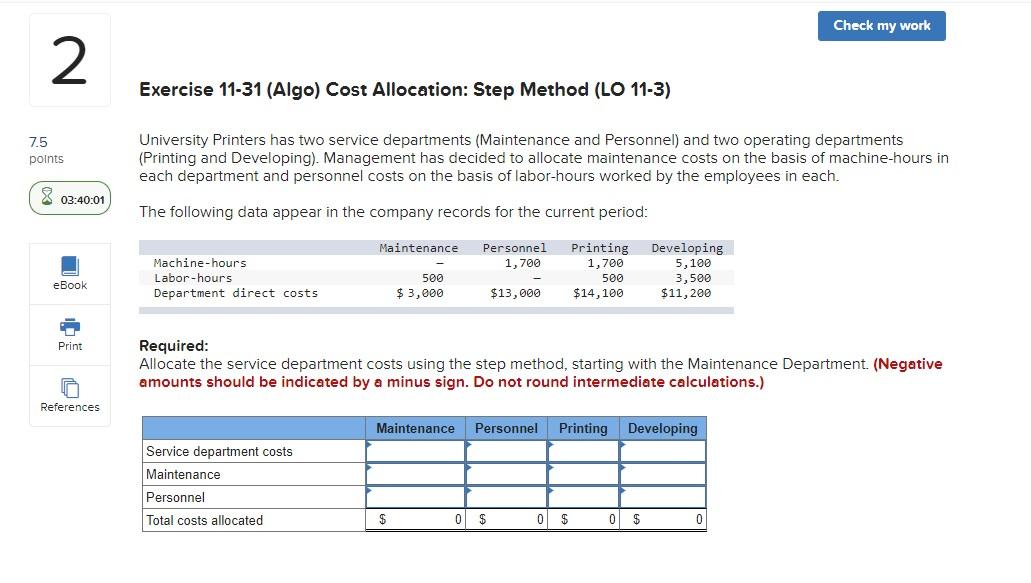 Solved Check my work 2 Exercise 11-31 (Algo) Cost | Chegg.com