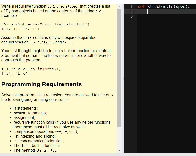 Solved Write a recursive function str2obj ects(spec) that | Chegg.com