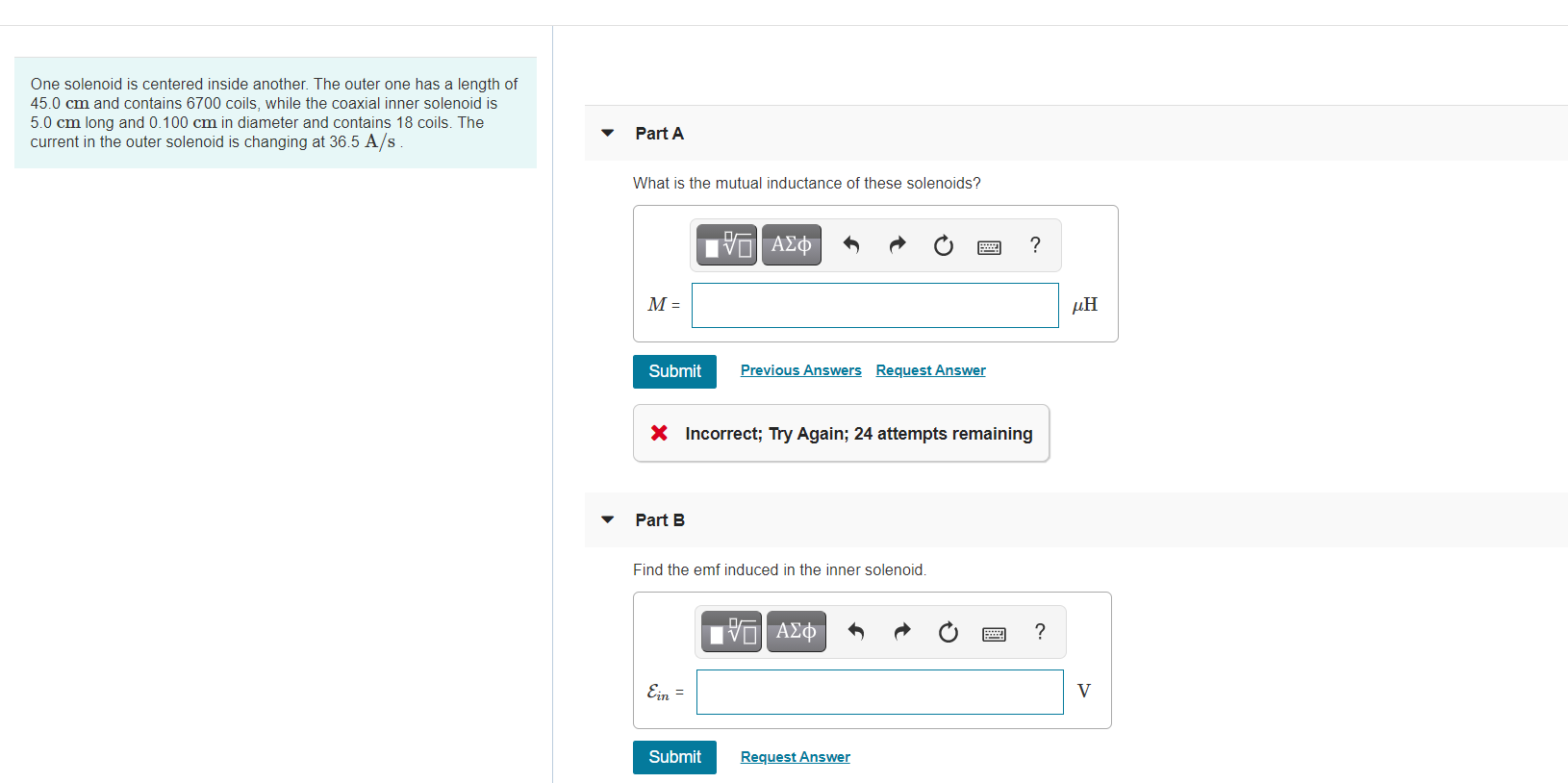 Solved One solenoid is centered inside another. The outer | Chegg.com