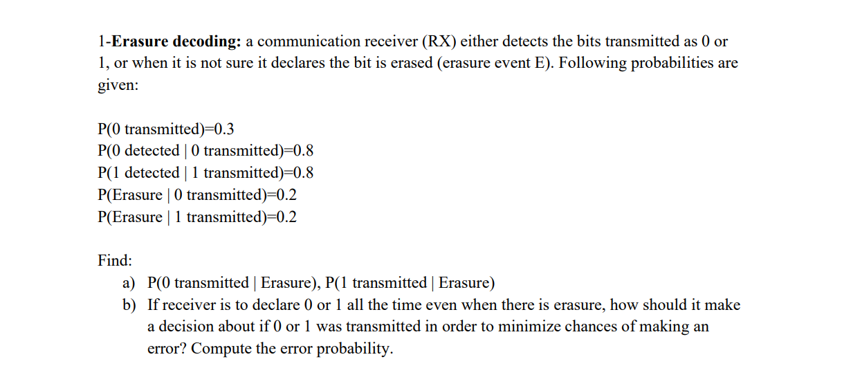 Solved 1-Erasure decoding: a communication receiver (RX) | Chegg.com
