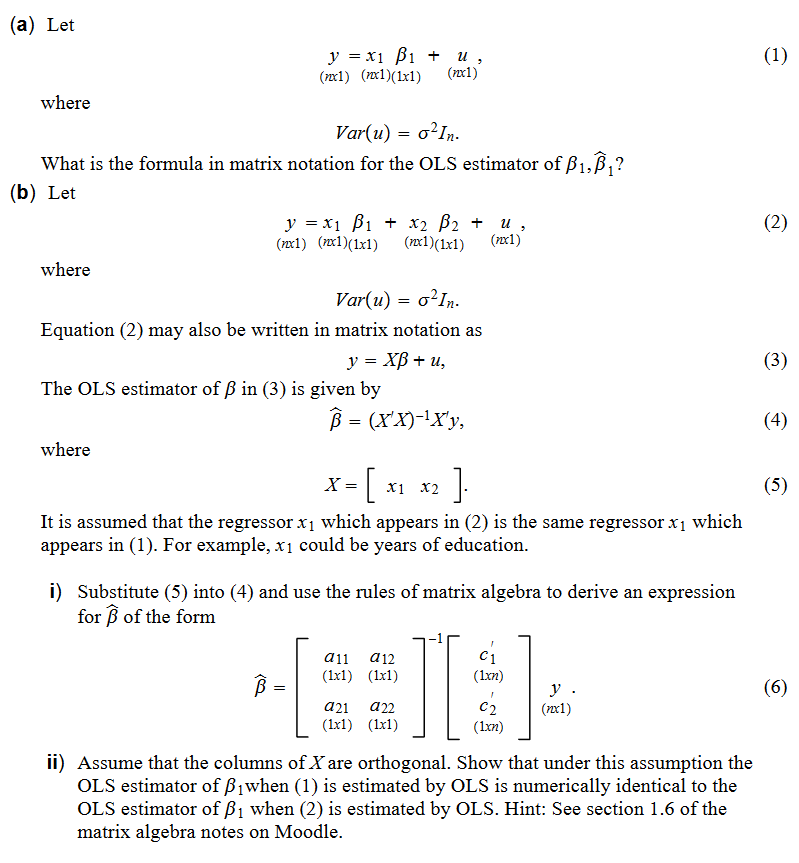 Solved U (1) 2 u (2) (a) Let y = x1 B1 + (m1) (1x1)(1x1) | Chegg.com