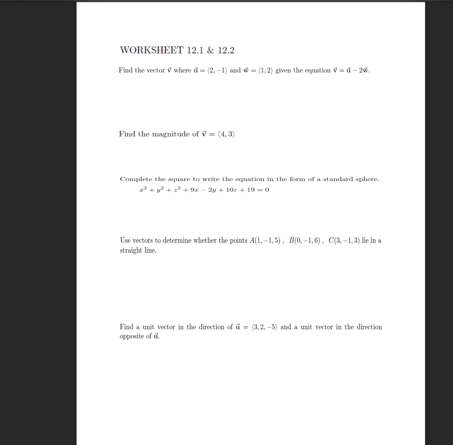 Solved WORKSHEET 12.1 ﻿& 12.2Find the vector vec(v) ﻿where | Chegg.com