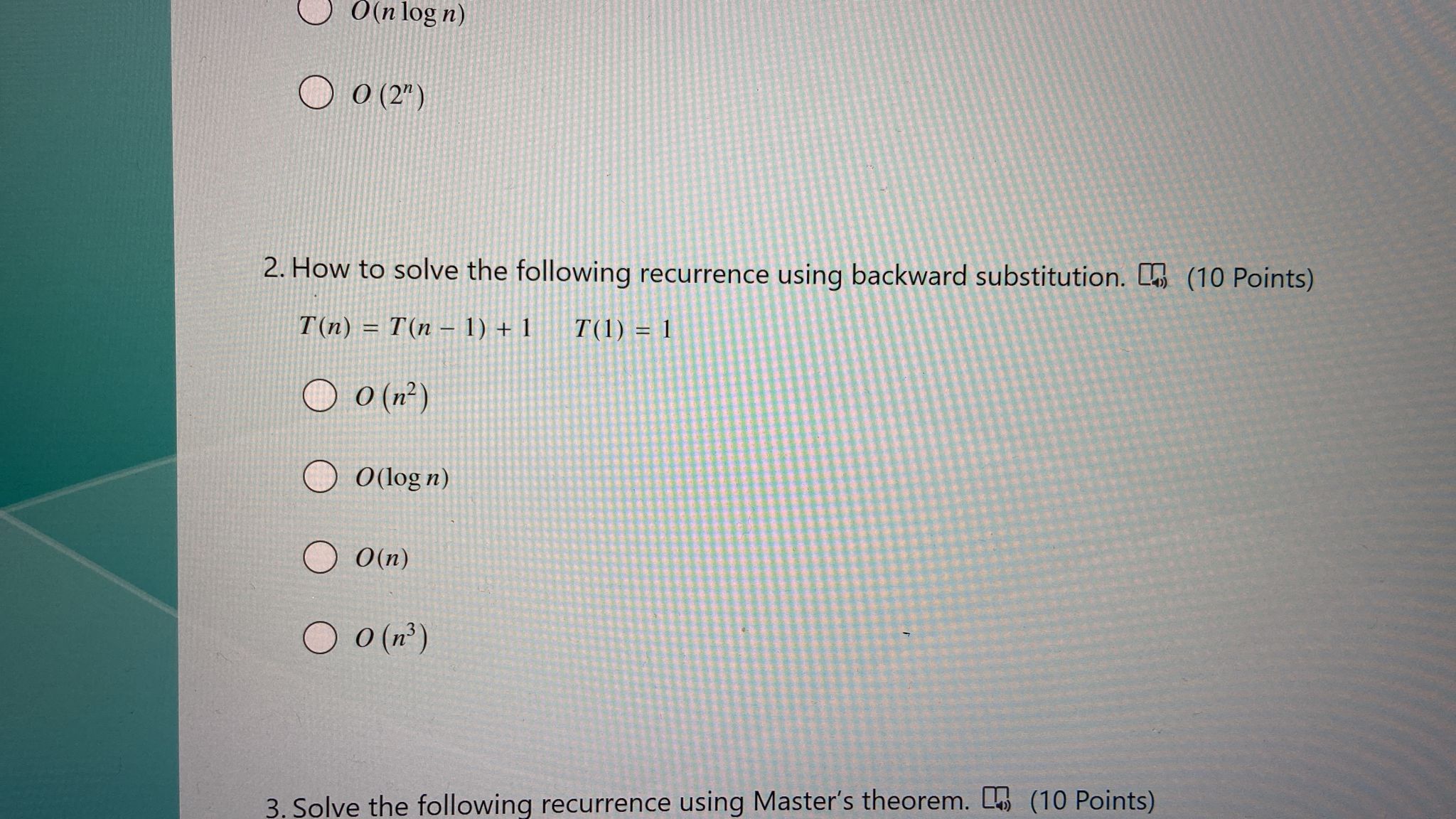 Solved O(nlogn) O(2n) 2. How to solve the following | Chegg.com