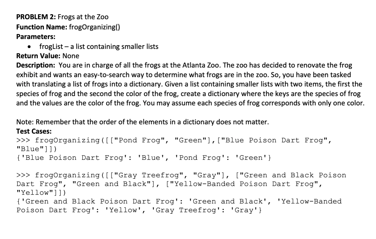 Solved PROBLEM 2: Frogs at the Zoo Function Name: | Chegg.com