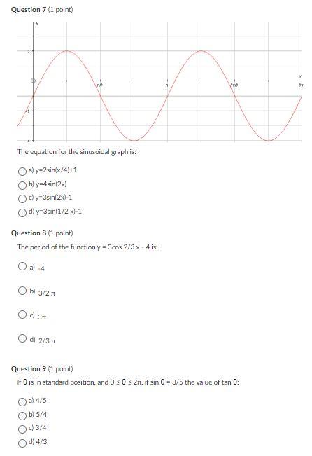 Solved Question 7 (1 point) The equation for the sinusoidal | Chegg.com