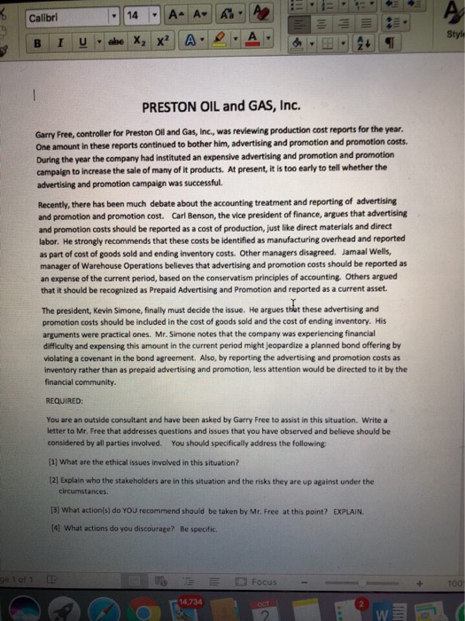Solved Calibri PRESTON OIL and GAS, Inc. Garry Free, | Chegg.com