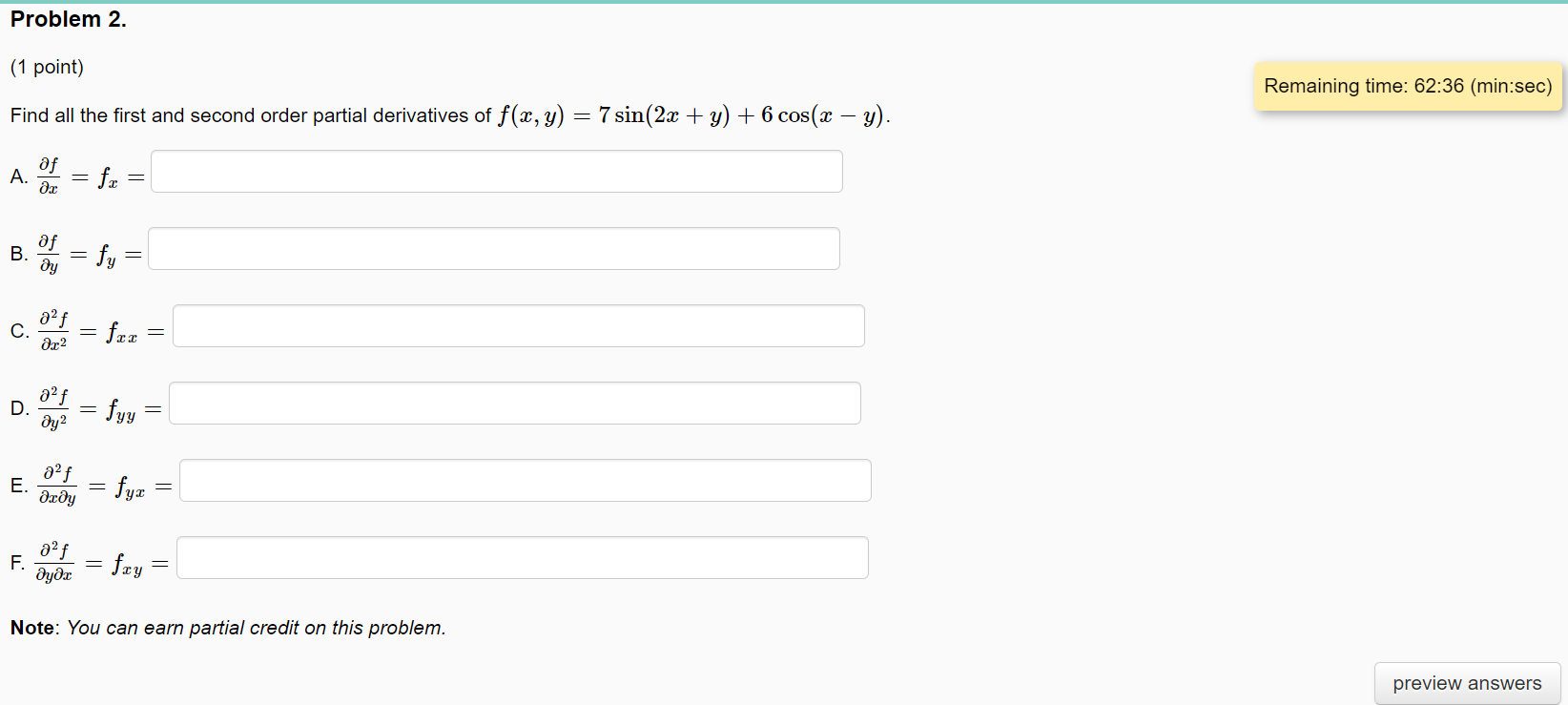 Solved Problem 2. (1 point) Remaining time: 62:36 (min:sec) | Chegg.com
