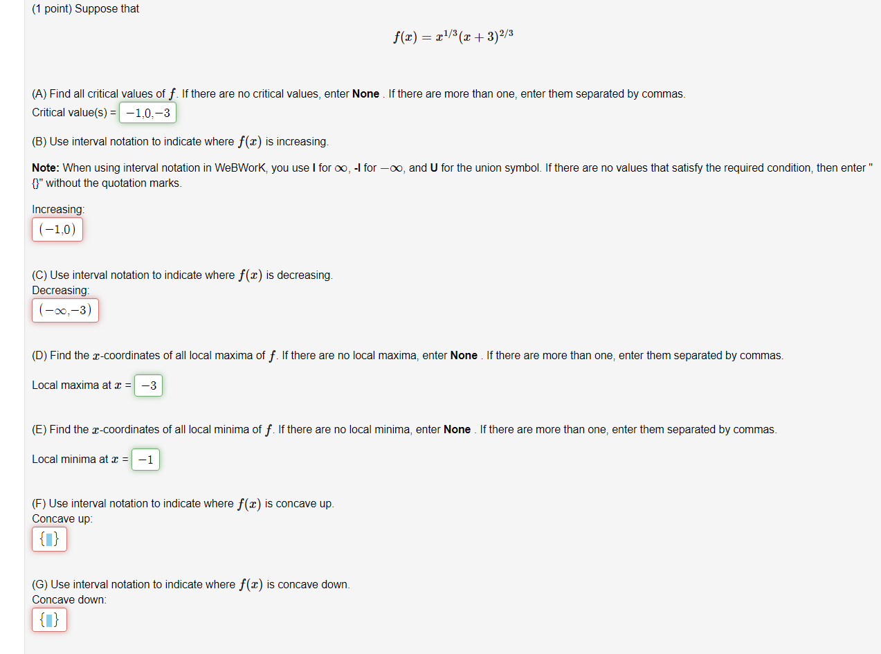 Solved (1 point) Suppose that f(x) = x1/3(x + 3)2/3 (A) Find | Chegg.com