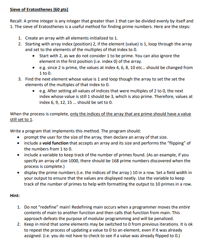 Solved Sieve of Eratosthenes (60 pts) Recall: A prime | Chegg.com