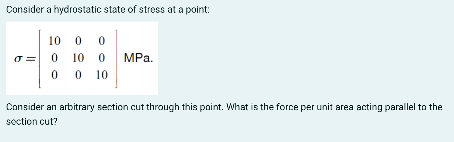 Solved Consider a hydrostatic state of stress at a point: 10 | Chegg.com