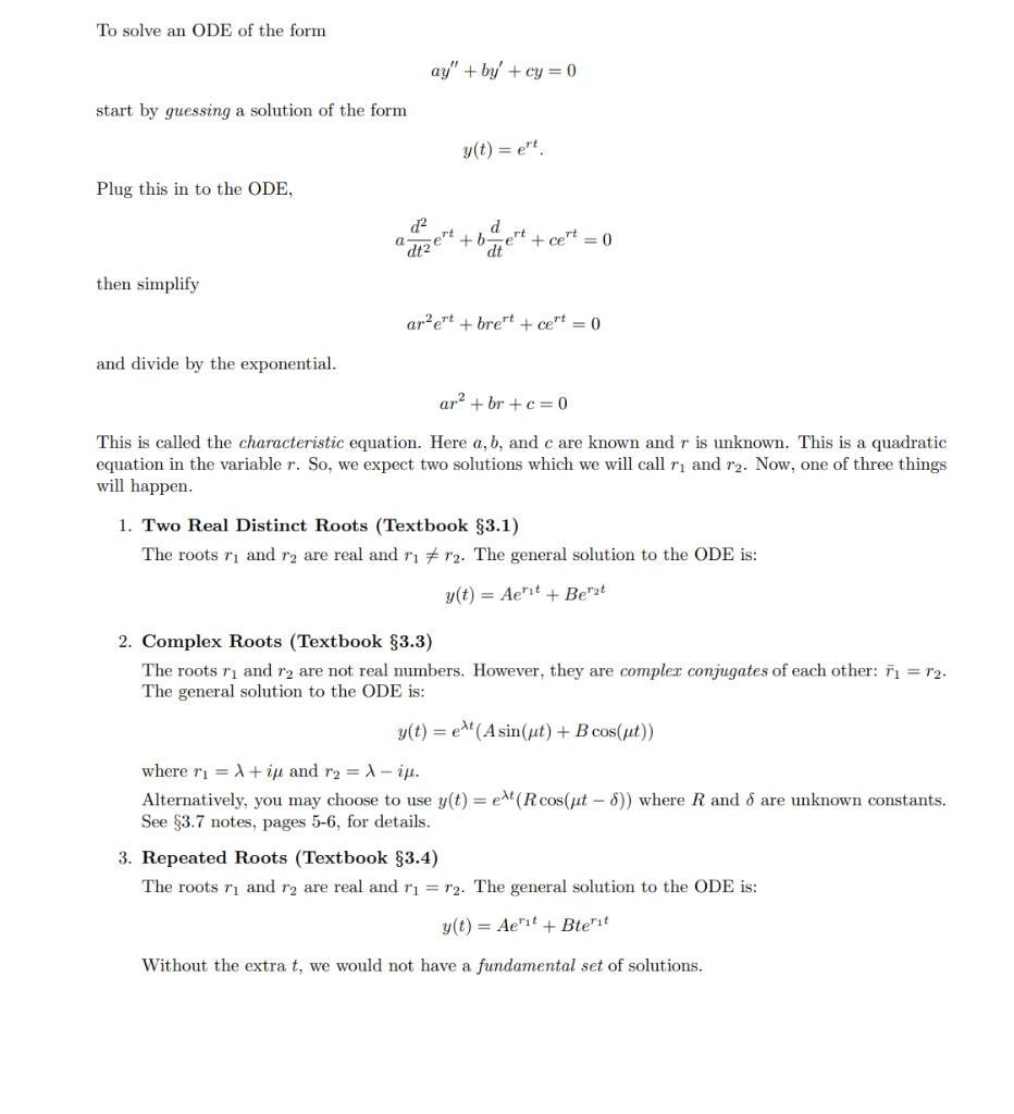 Solved To solve an ODE of the form ay" +by' + cy=0 start by | Chegg.com