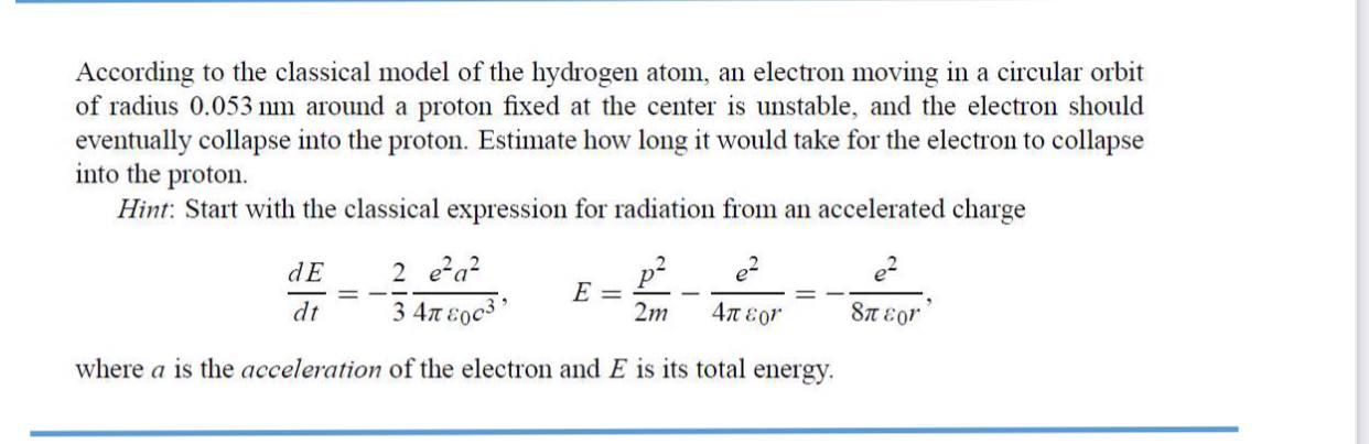Solved According to the classical model of the hydrogen | Chegg.com