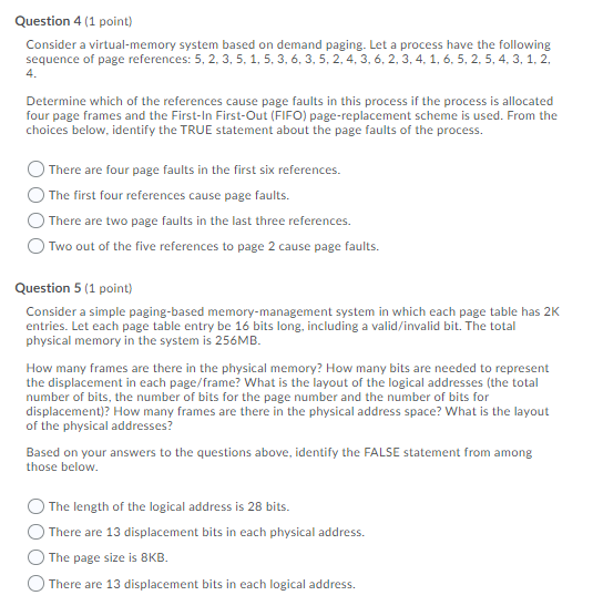Solved Question 4 (1 point) Consider a virtual-memory system | Chegg.com