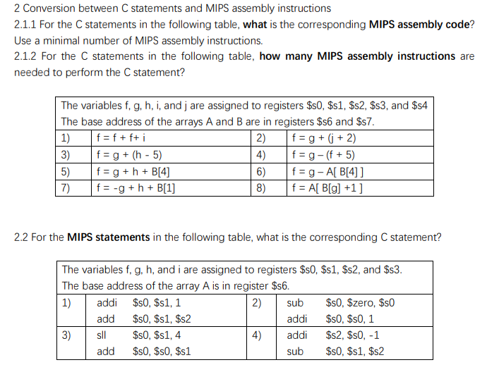 Solved 2 Conversion between C statements and MIPS assembly | Chegg.com