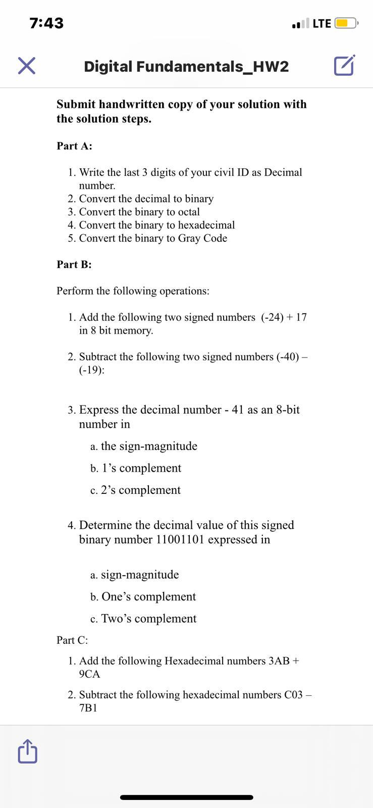 Solved 7:43 LTE Х X Digital Fundamentals_HW2 Submit | Chegg.com