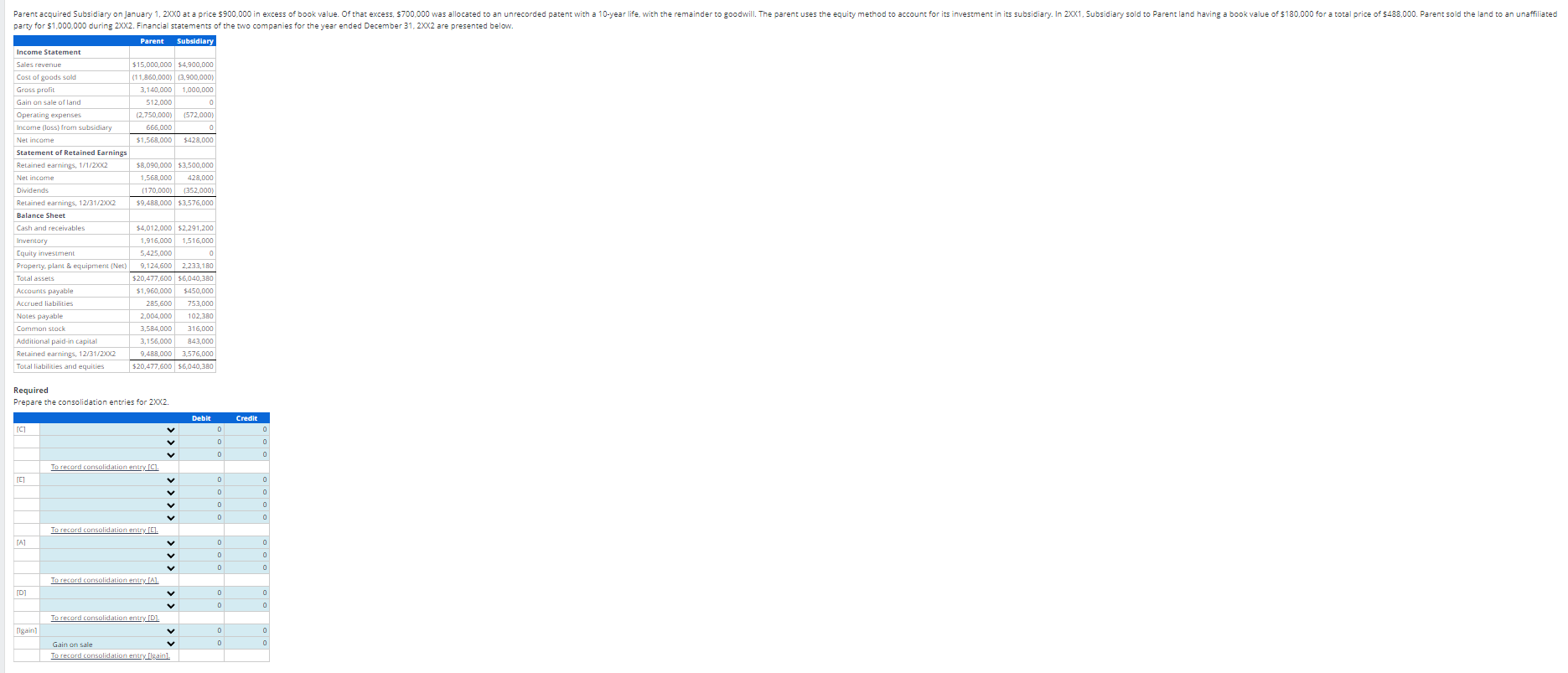Solved Parent acquired Subsidiary on January 1, 2XX0 ﻿at a | Chegg.com