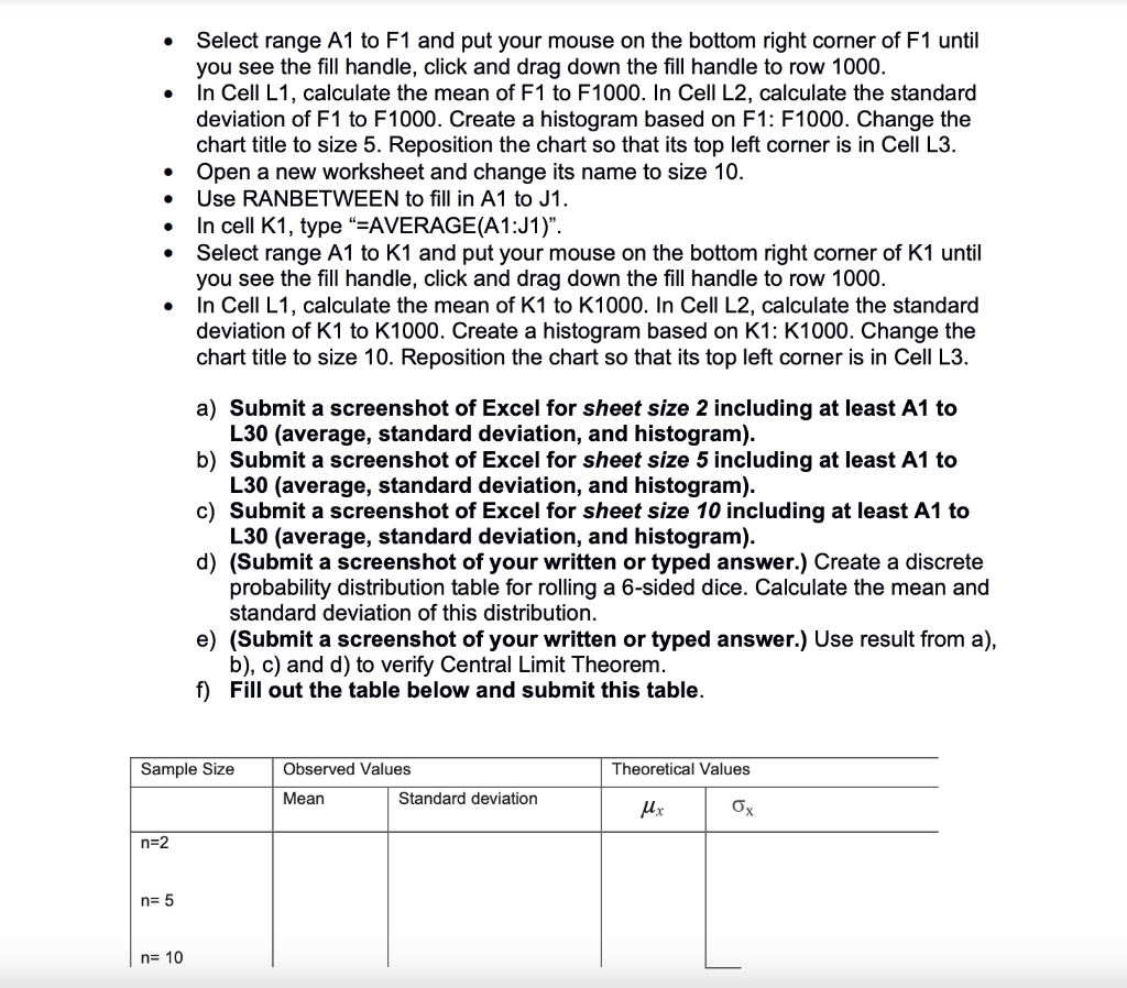 Question 1 You will use Excel to simulate rolling | Chegg.com