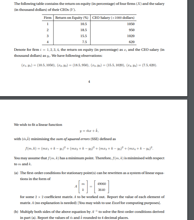 Solved The following table contains the return on equity (in | Chegg.com