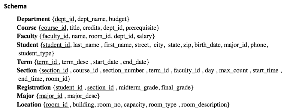 Schema Department (dept id, dept name, budget) Course | Chegg.com