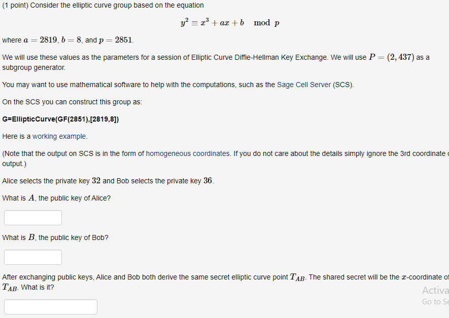 Solved (1 ﻿point) ﻿Consider the elliptic curve group based | Chegg.com