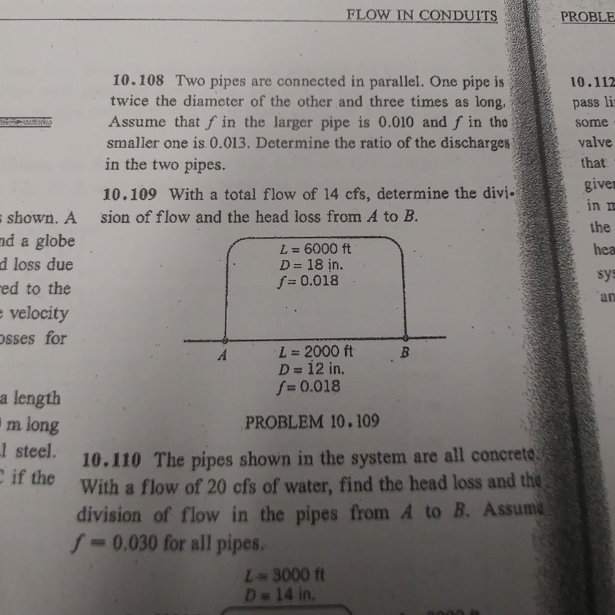 Solved FLOW IN CONDUITS PROBLE 10.108 Two pipes are | Chegg.com