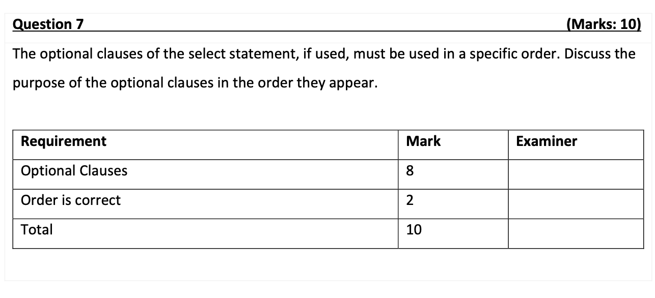 Solved Question 7 (Marks: 10) The optional clauses of the | Chegg.com
