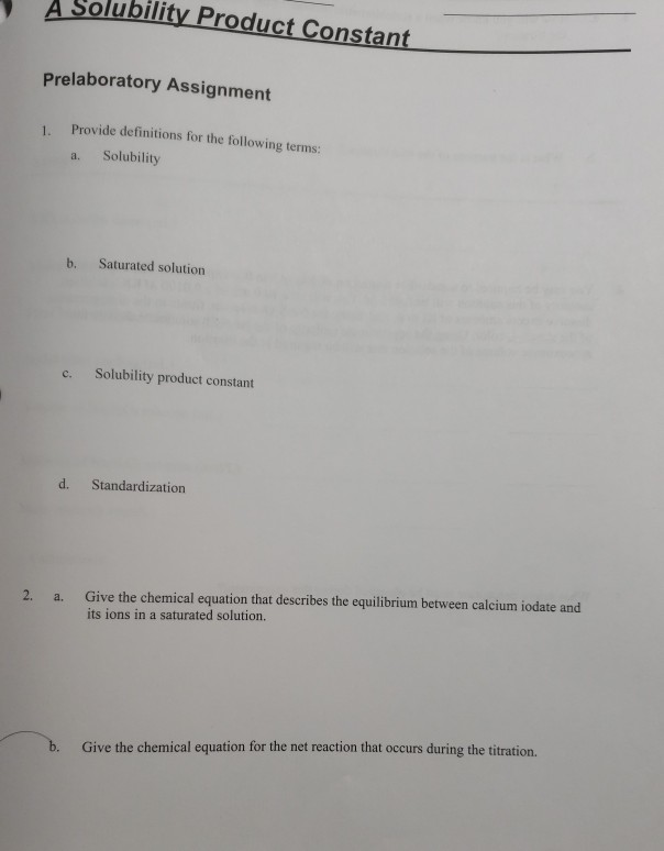 Solved A Solubility Product Constant Prelaboratory | Chegg.com