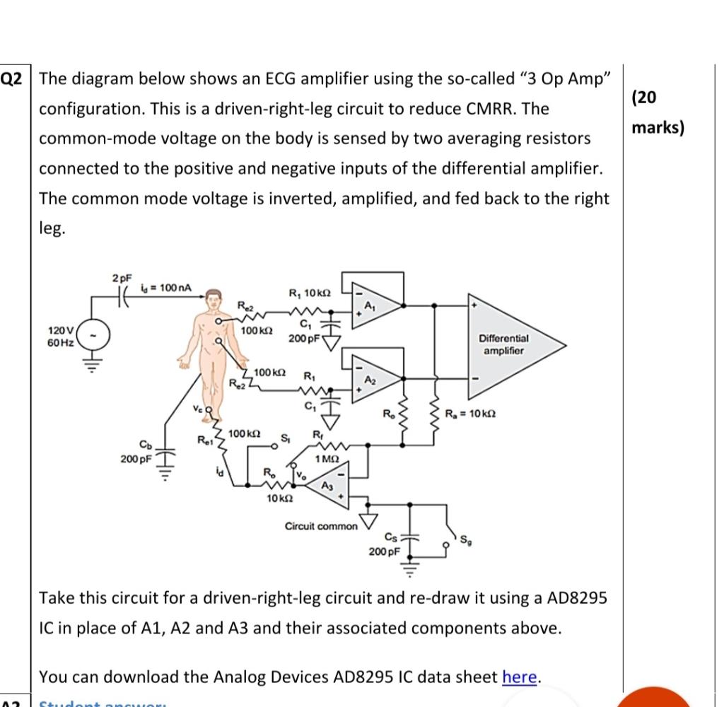 Solved The diagram below shows an ECG amplifier using the | Chegg.com